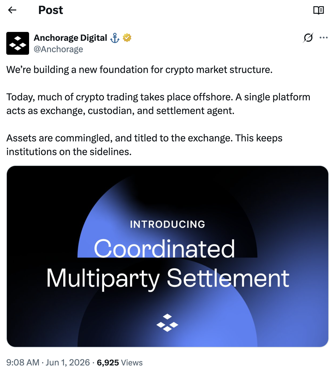Anchorage rolls out platform to reduce crypto trading counterparty risk