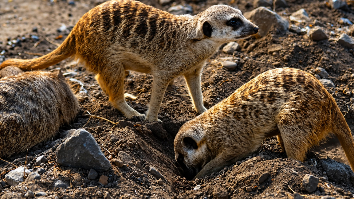 Curious meerkats exploring and digging in their natural habitat