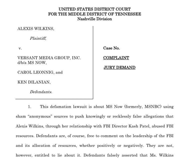 Kash Patel’s girlfriend Alexis Wilkins sues MS NOW over ‘hogwash’ reporting