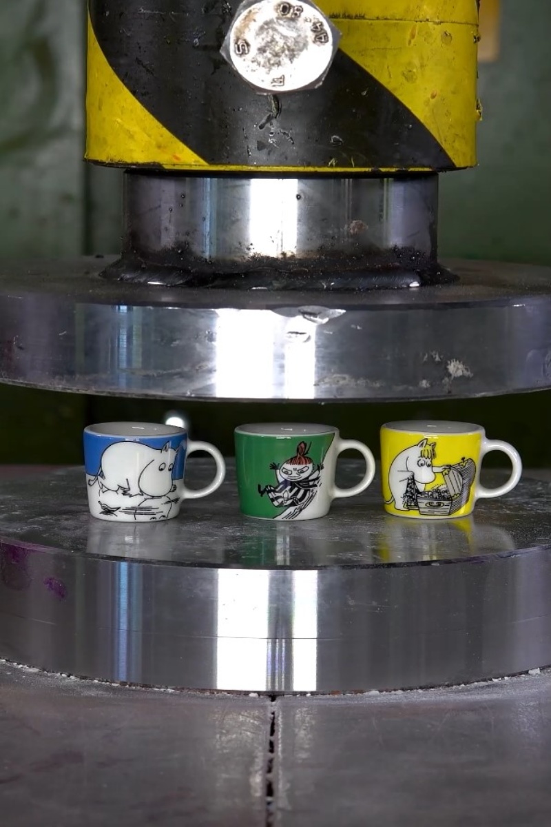 Aplastamiento de tazas coleccionables de Moomin bajo una prensa hidráulica