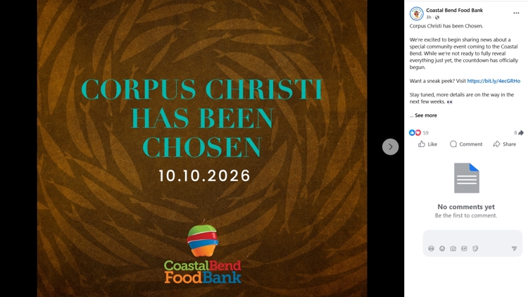 Corpus Christi has been chosen. Coastal Bend Food Bank teases upcoming ...