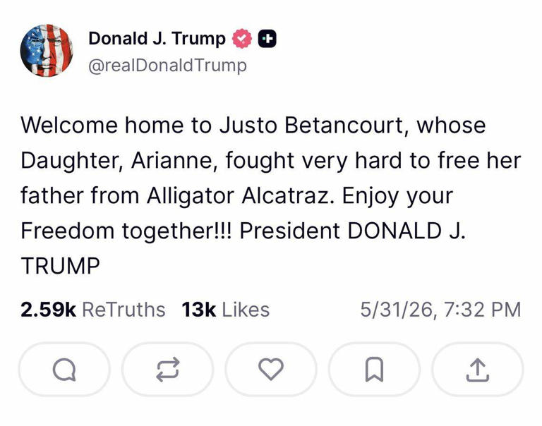 Trump sends a message to man who won his freedom from Alligator Alcatraz