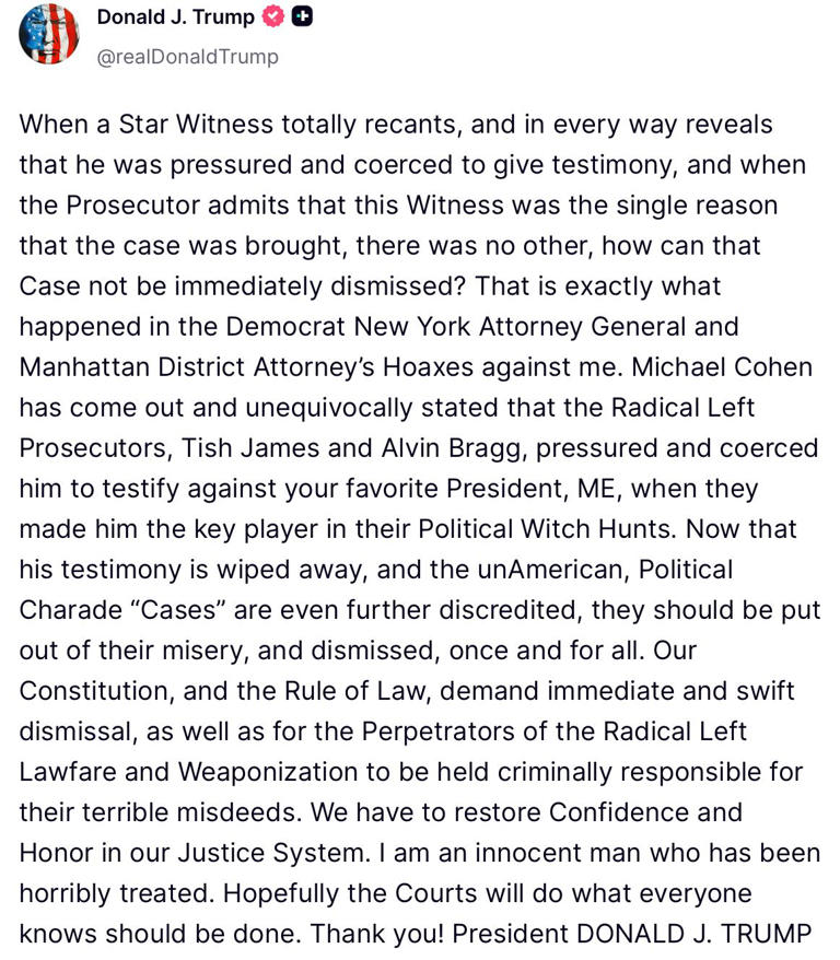Trump posts late-night complaint about New York court cases