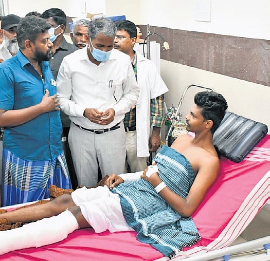 Social Justice Minister Vanni Arasu visits sickle-attack victims at Nellai