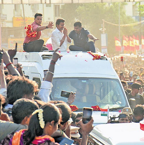 CM Vijay’s first public speech draws flak from Dravidian rivals