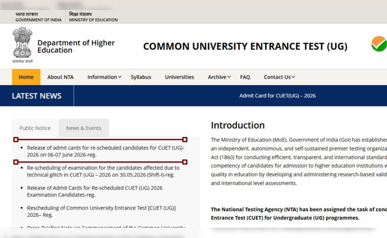 CUET UG 2026 admit card out for rescheduled exams on June 6 and 7 ...
