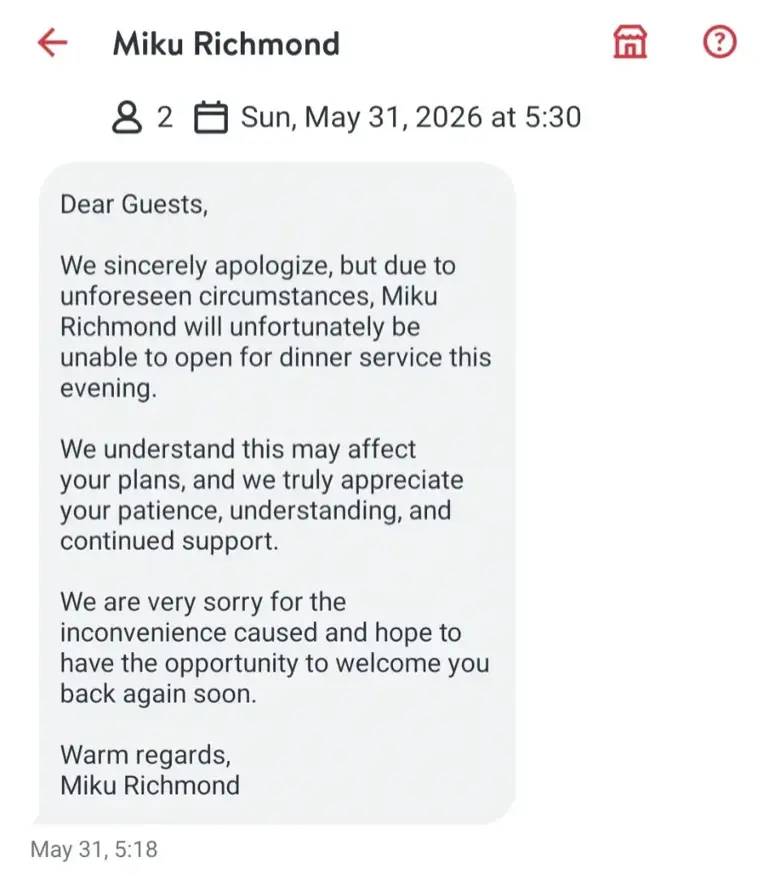 Richmond's Miku suddenly shuts down and pisses off diners with reservations