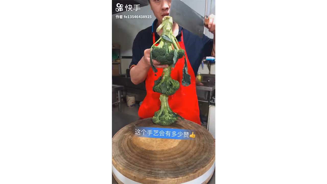 Cutting broccoli into perfect florets with sharp cleaver creating clean ...