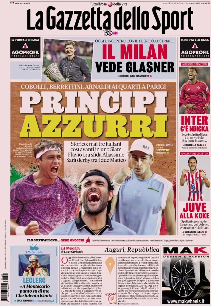 Le prime pagine dei quotidiani sportivi – 01 giugno 2026