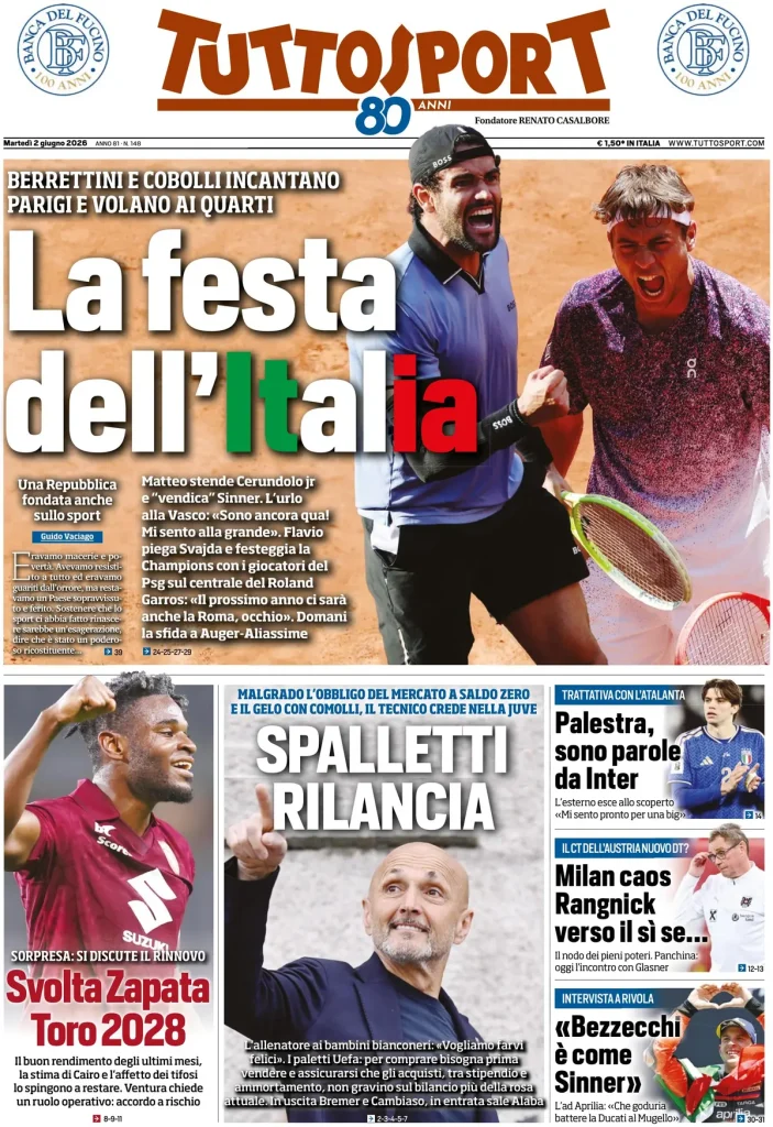 Le prime pagine dei quotidiani sportivi – 01 giugno 2026
