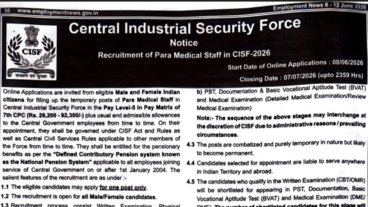 CISF ASI paramedical staff recruitment 2026 opens for pharmacist, X-ray ...