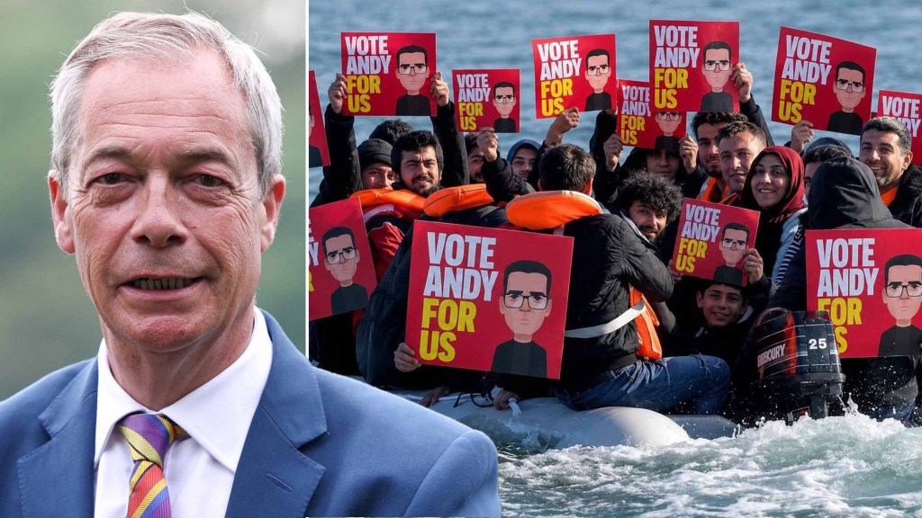 Nigel Farage posts bizarre AI image of migrants with 'vote Andy Burnham ...