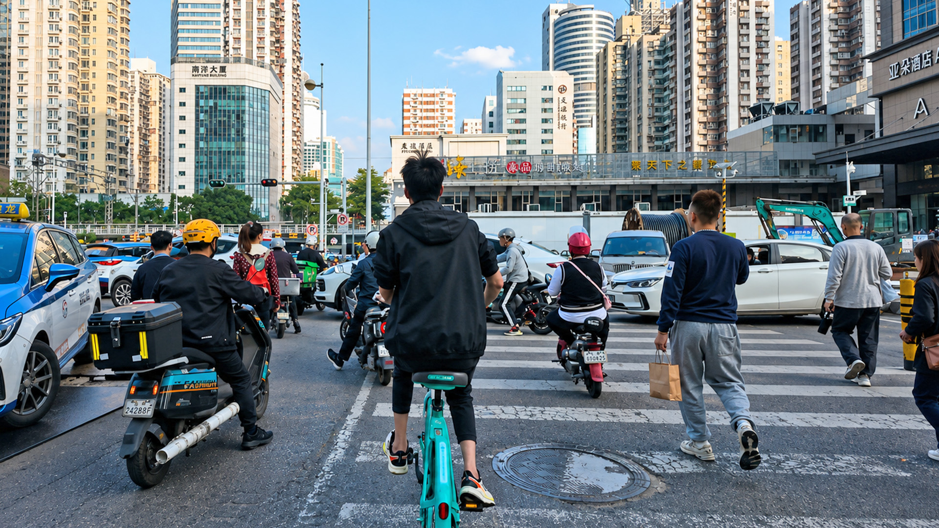 This crowded urban crossroad rarely experiences a quiet moment