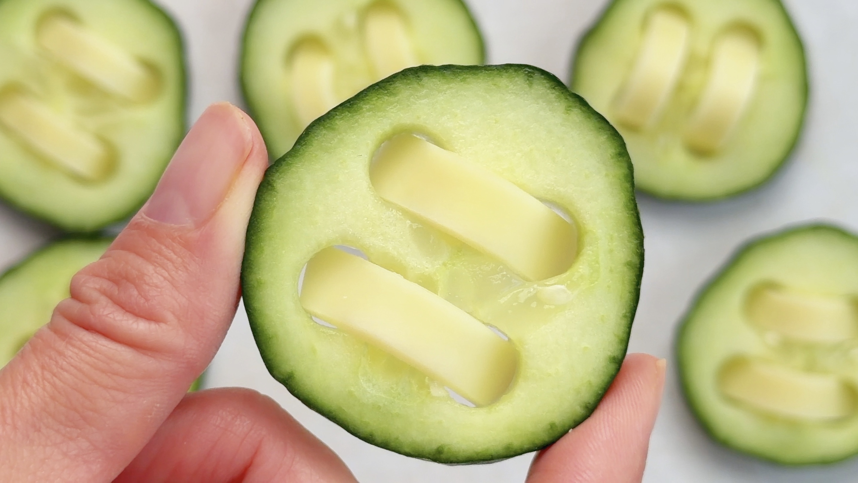 Sewn cheese cucumber snack, healthy party food idea