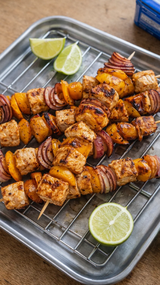 Chili lime peach and tofu skewers with bold flavor