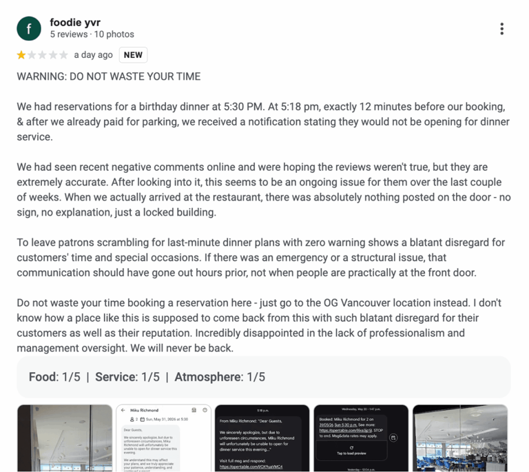 Richmond's Miku suddenly shuts down and pisses off diners with reservations