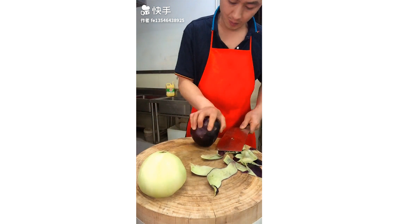Peeling purple eggplants with sharp cleaver creating smooth and clean ...