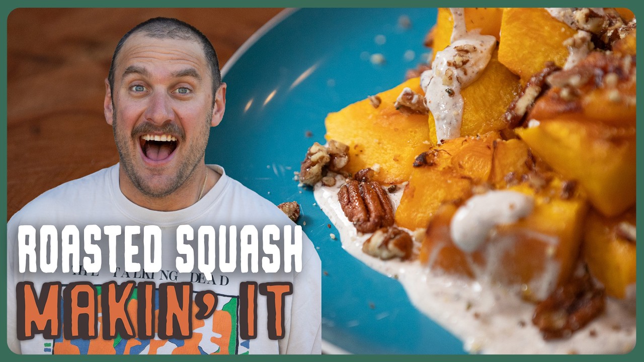 Roast winter squash with spiced yogurt and candied pecans