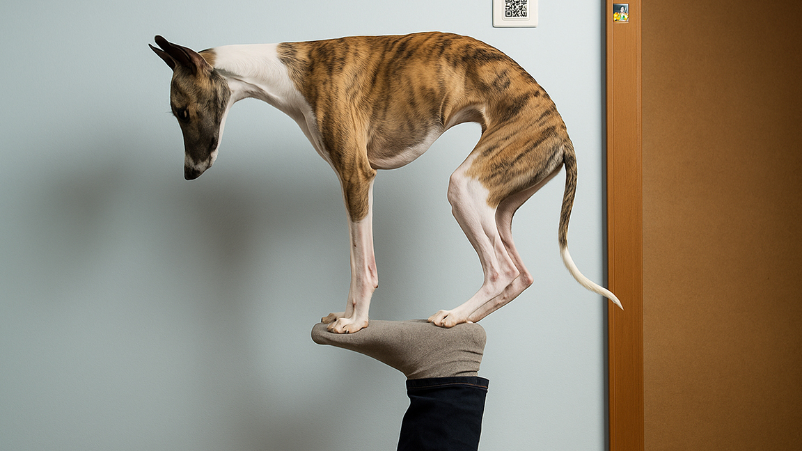 Dog balancing on a person’s foot