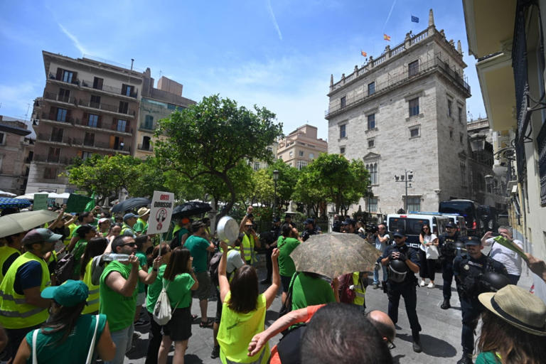 Los docentes protestan en torno al Palau donde Pérez Llorca asiste a ...