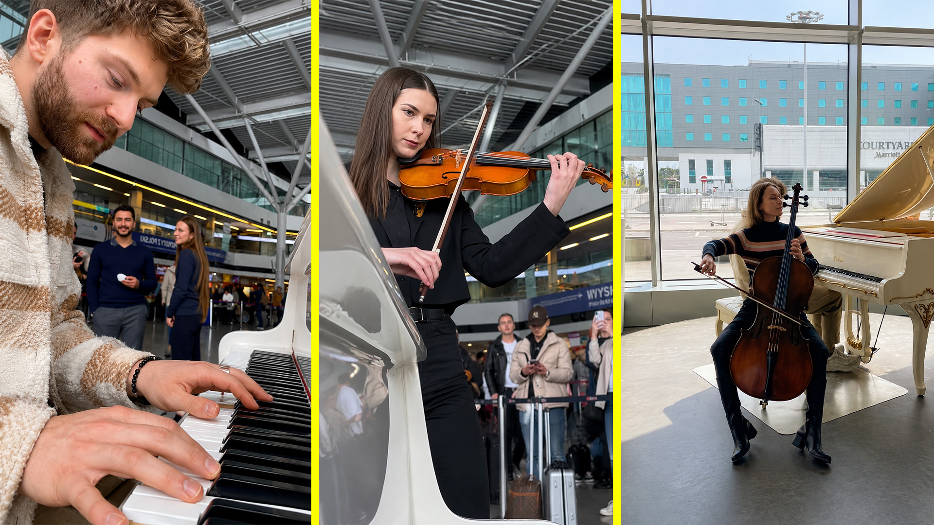 A violinist and cellist joined my airport performance