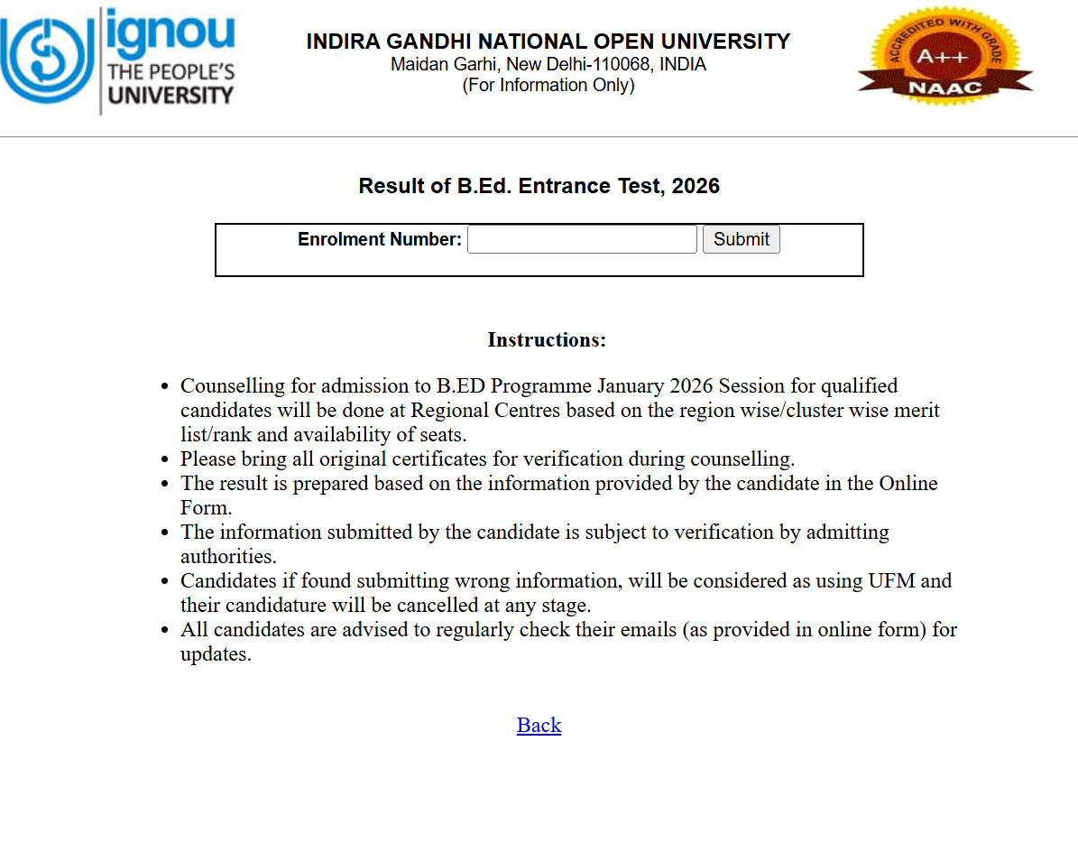 IGNOU BEd entrance test result 2026 released at ignou.ac.in: Direct ...