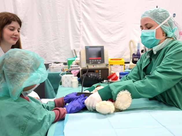 Teddy-Docs verarzten rosa Dino mit verschlucktem Knopf im Bauch