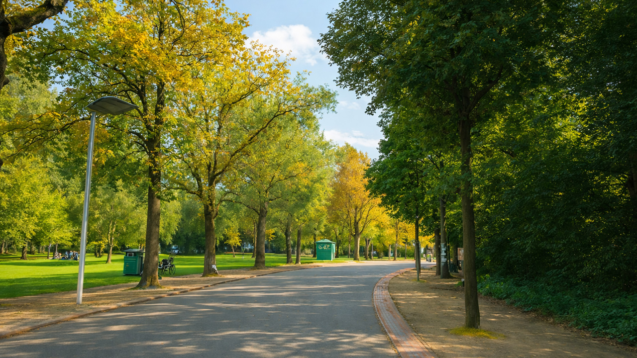 Cycling through Amsterdam’s green park streets