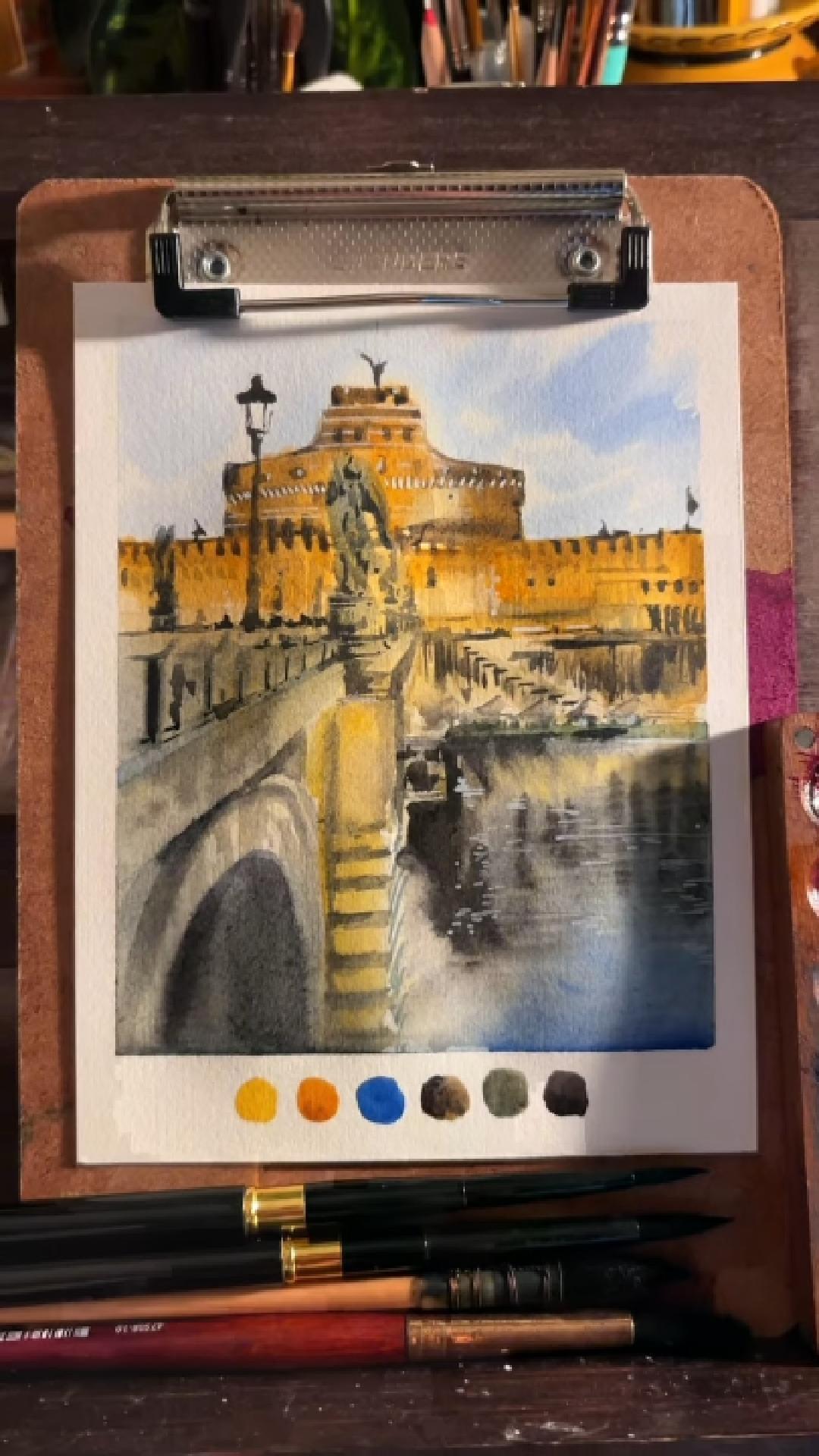 Pintando el castillo de Sant'Angelo de Roma en acuarela