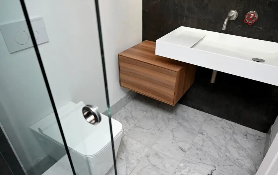 Small bathroom glow-up with floating vanities