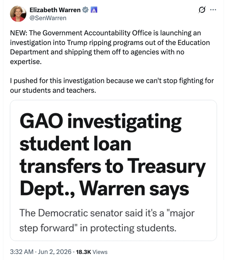 Elizabeth Warren cheers new federal probe into Trump's education ...