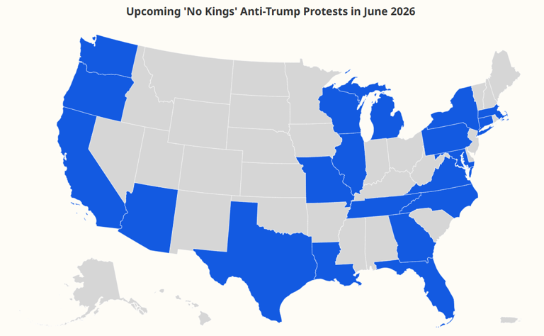 Map shows "No Kings" anti-Trump protests this month