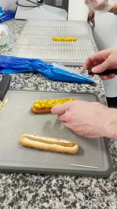 Making fancy eclairs in French pastry school!