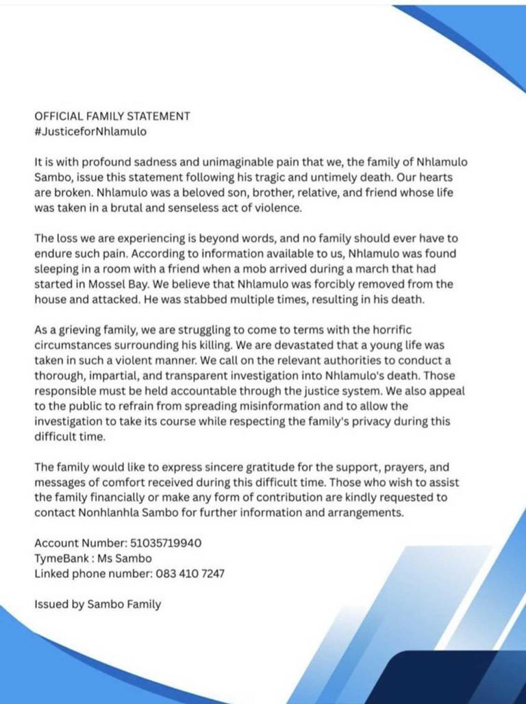 Nhlamulo Sambo family releases official statement after Mossel Bay ...