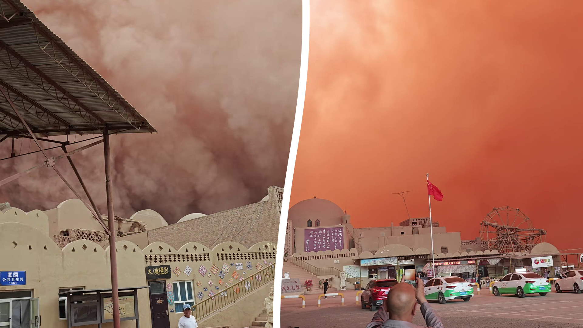 Towering sand wall engulfs tourist hotspot in orange haze