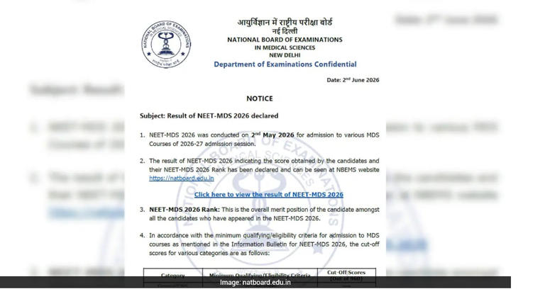 NEET MDS result 2026 out: Scorecard, cut-off, merit list download link ...