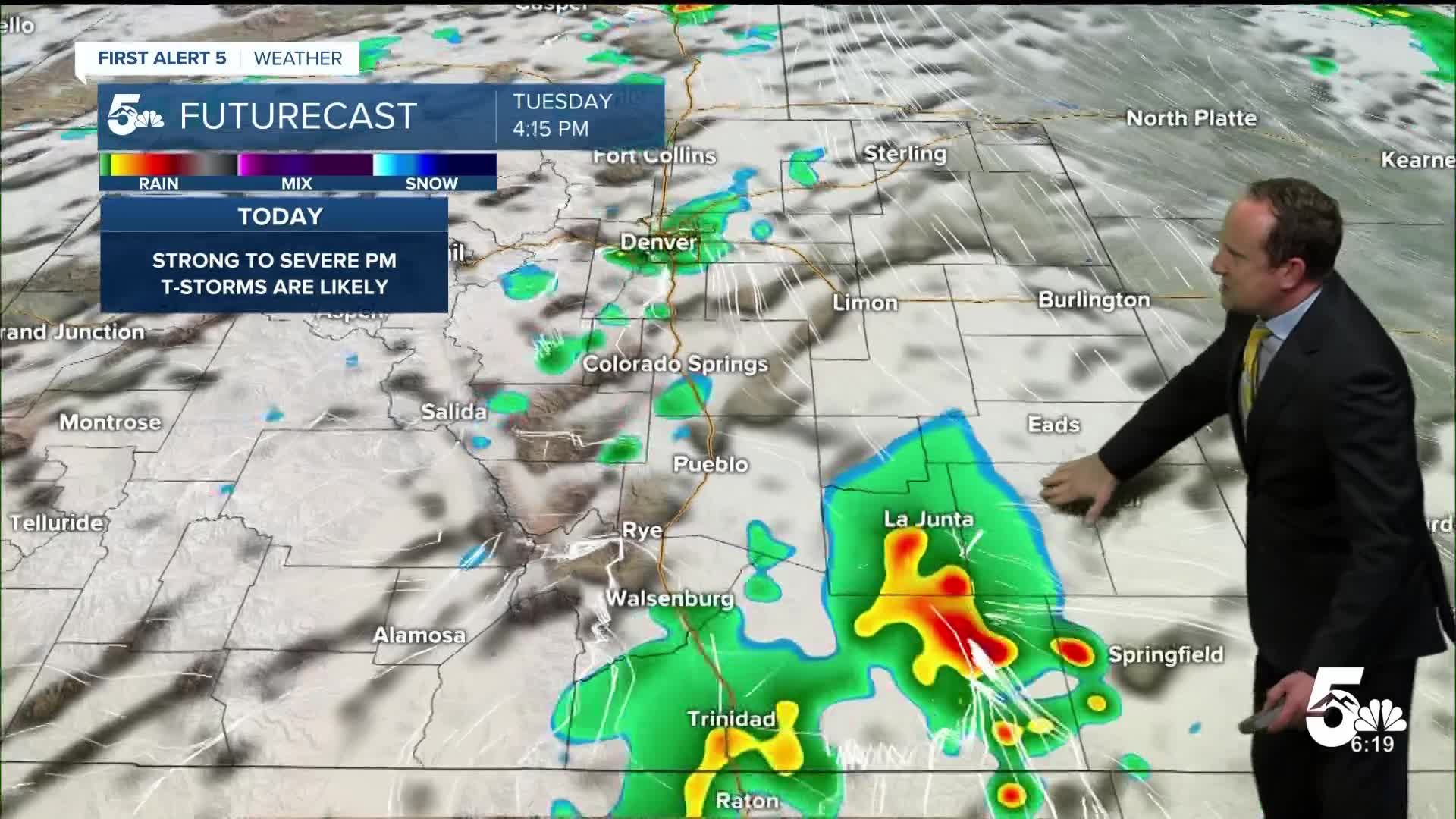 Slightly cooler Tuesday, with strong thunderstorms for southern Colorado