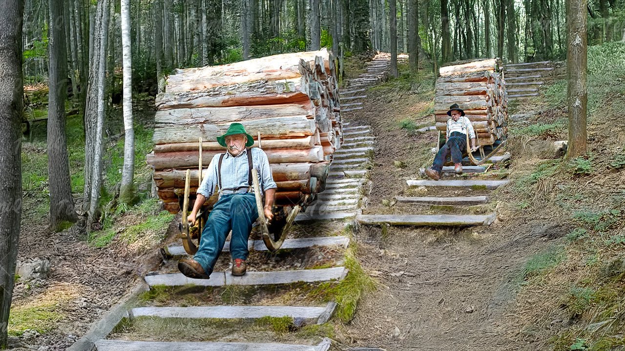 Riding dangerous but genius slide carrier with tons of fuel wood