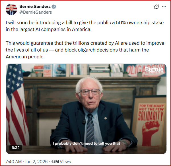 Bernie Sanders wants Americans to own 50% of OpenAI, xAI and Anthropic ...
