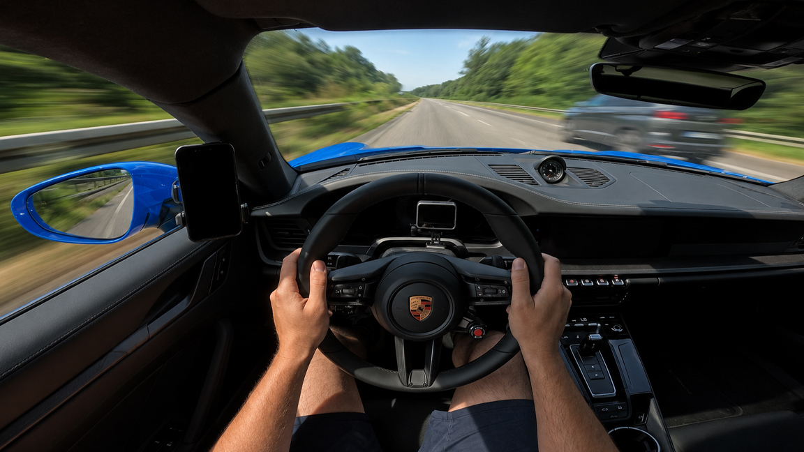 Porsche 911 Carrera at full throttle on the Autobahn