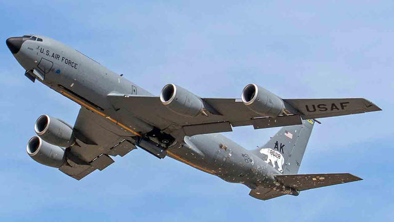 Damaged KC-135R involved in Iran conflict displays extensive temporary ...