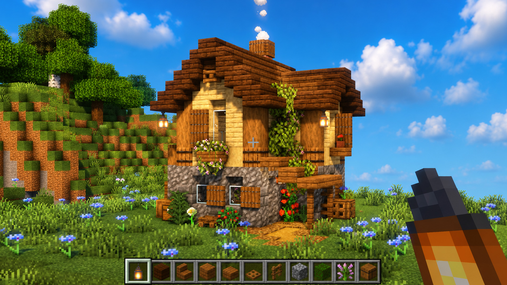 A peaceful Minecraft cottage with vines flowers and lanterns