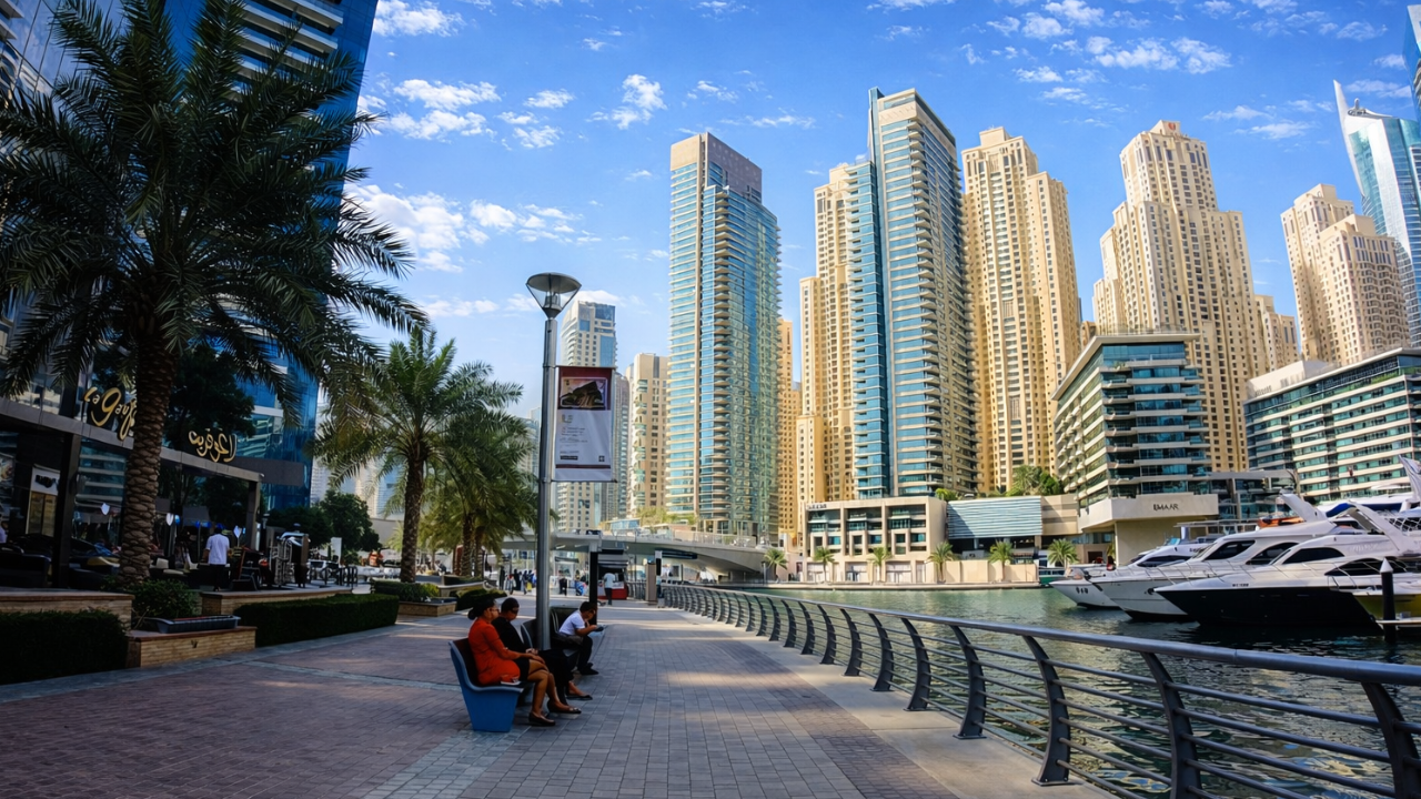 Promenade panoramique le long du front de mer de Dubai Marina (4K)