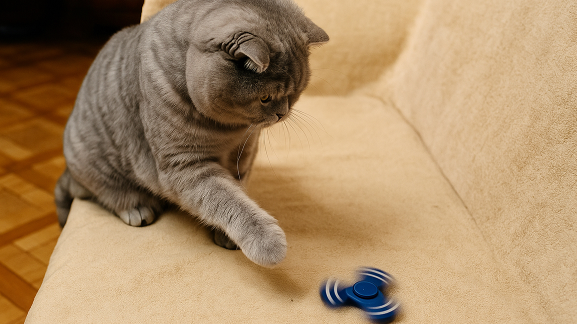 Cat playing with a spinning fidget toy