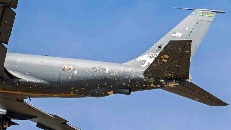 Damaged KC-135R involved in Iran conflict displays extensive temporary ...