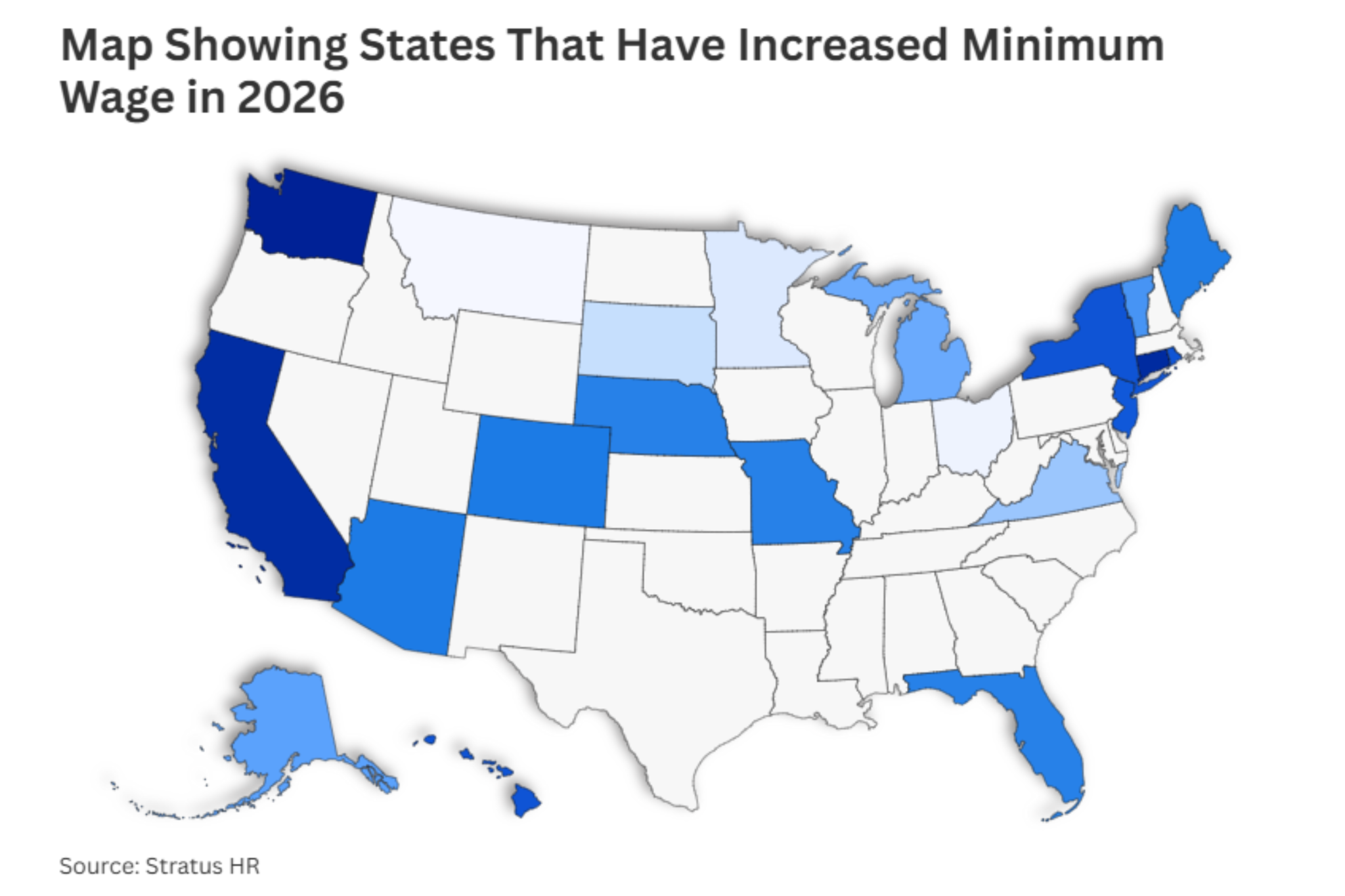 Map showing states that have increased minimum wage in 2026