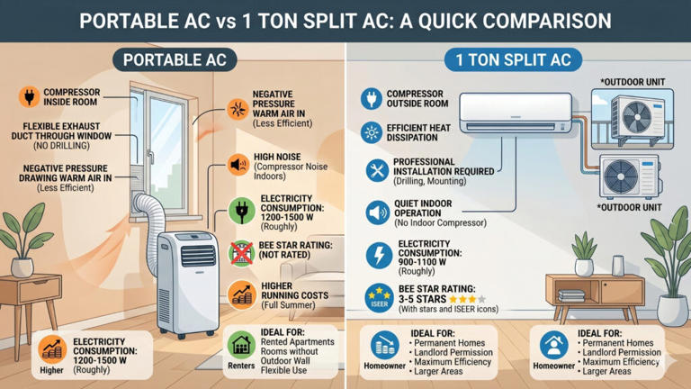 Portable AC vs 1 ton split AC: What to know before you buy