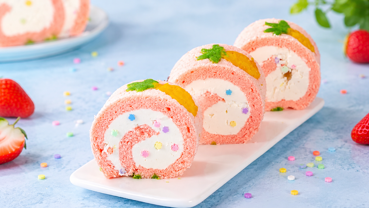Strawberry cream Swiss roll with sprinkles