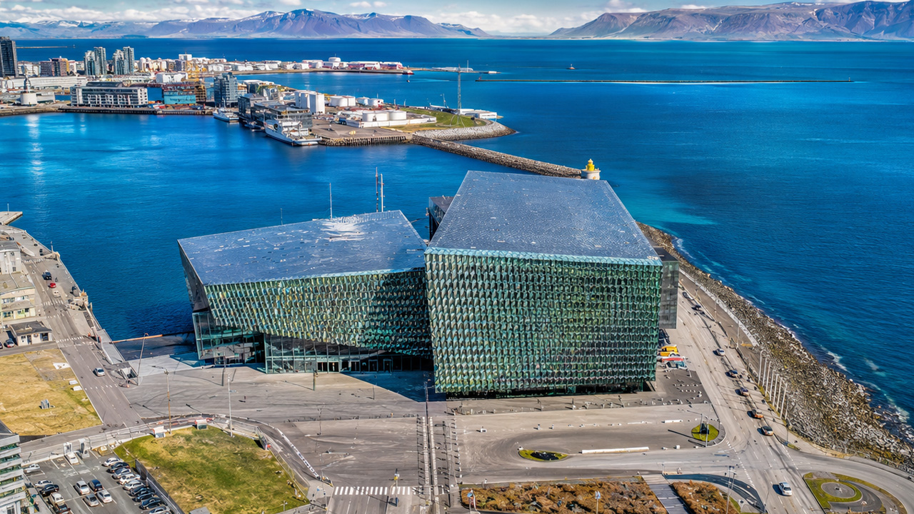 Reykjavík waterfront looks unreal beside the blue harbor