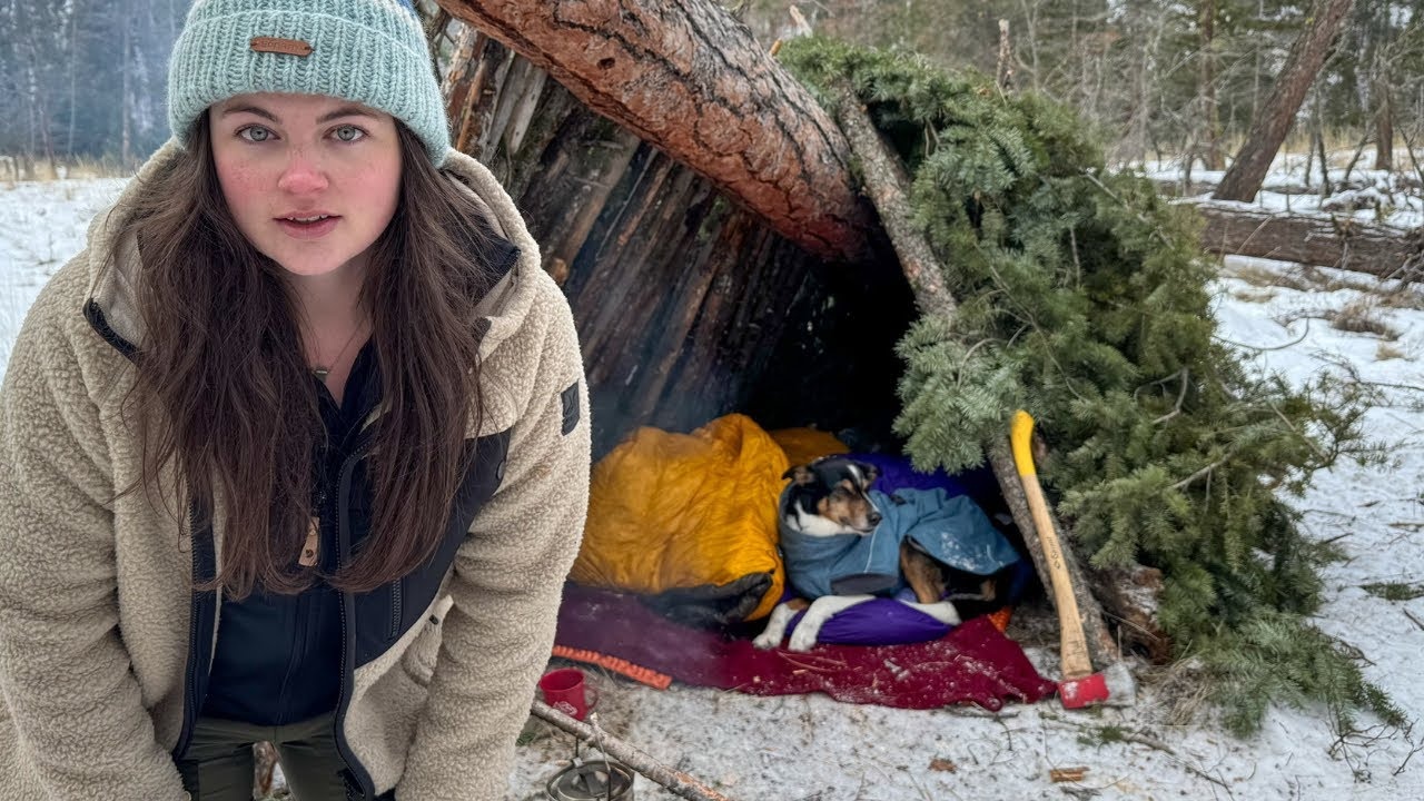 Watch how she built a survival shelter alone deep in the winter forest
